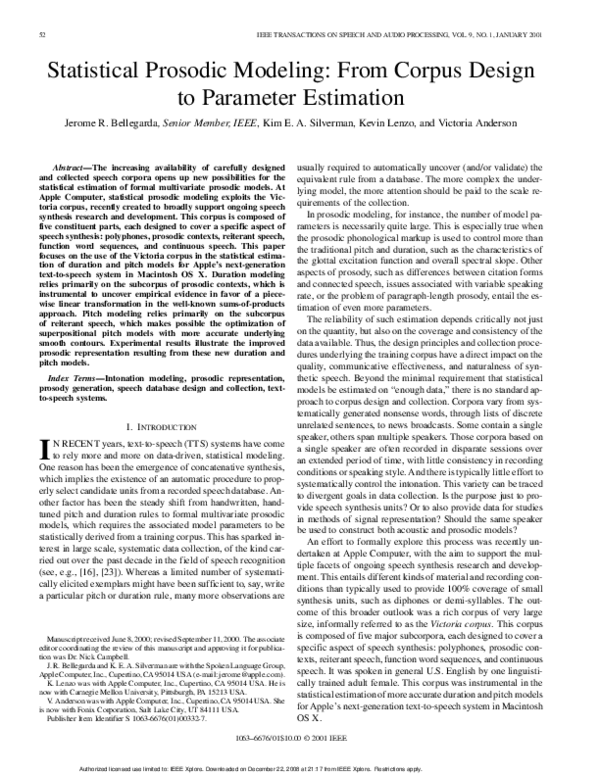 Pdf Statistical Prosodic Modeling From Corpus Design To Parameter Estimation