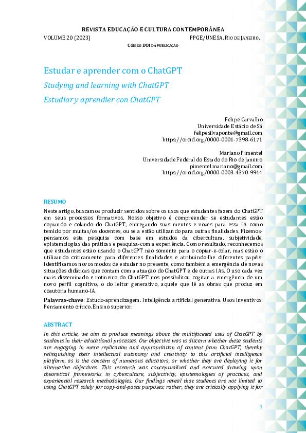 (PDF) Estudar e aprender com o ChatGPT