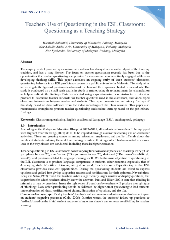 (PDF) Teachers Use of Questioning in the ESL Classroom: Questioning as ...