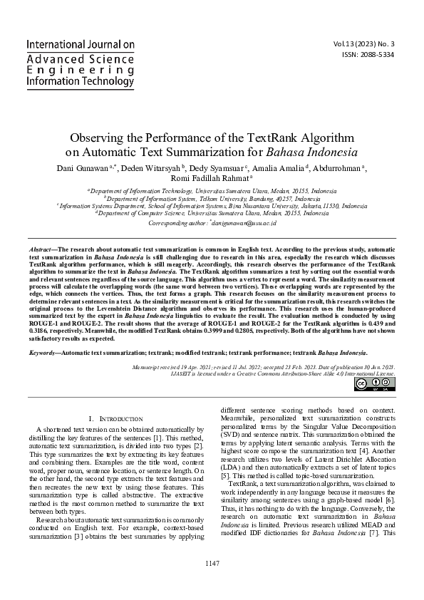 (PDF) Observing the Performance of the TextRank Algorithm on Automatic Text Summarization for ...