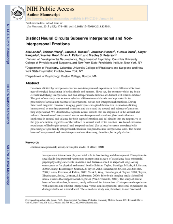 (PDF) Distinct neural circuits subserve interpersonal and non-interpersonal emotions
