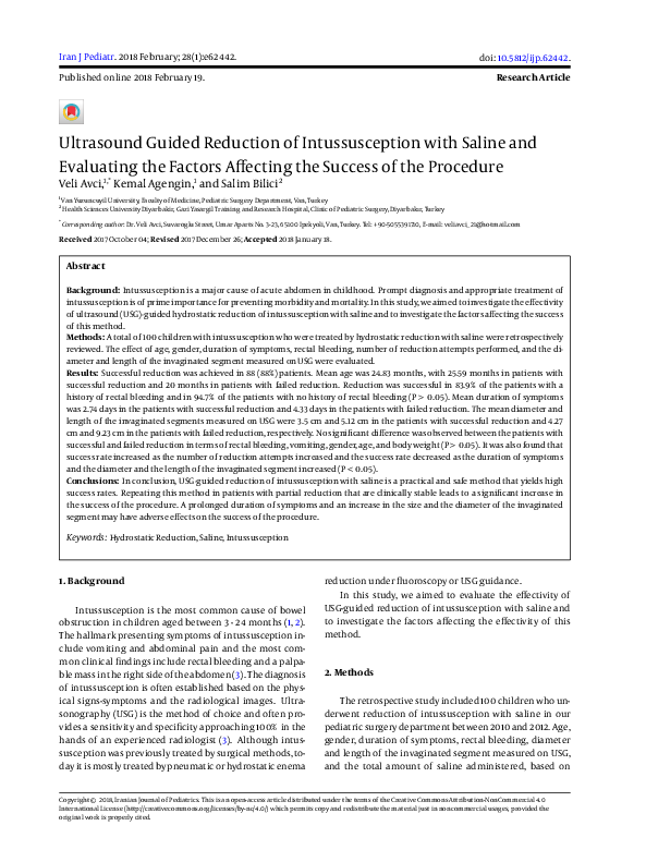 (PDF) Ultrasound guided reduction of intussusception with saline and ...