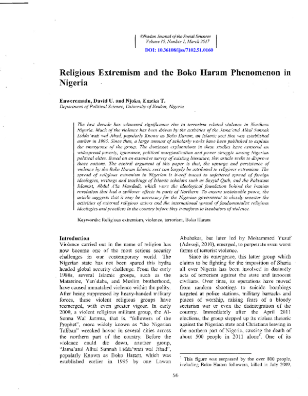 (PDF) Religious Extremism and the Boko Haram Phenomenon in Nigeria