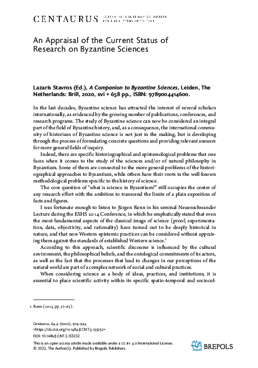 (PDF) An Appraisal of the Current Status of Research on Byzantine Sciences