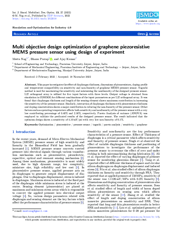 (PDF) Multi objective design optimization of graphene piezoresistive MEMS pressure sensor using ...