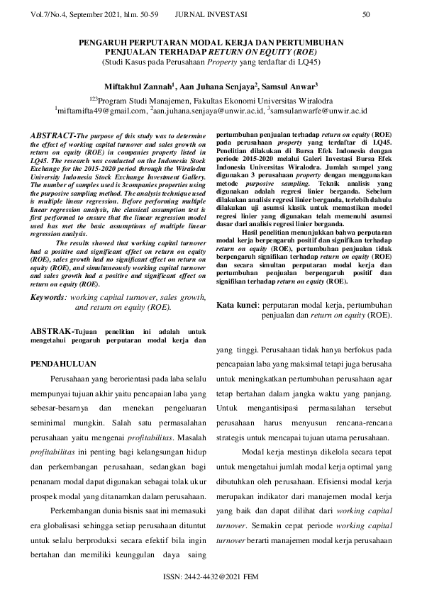 (PDF) Pengaruh Perputaran Modal Kerja Dan Pertumbuhan Penjualan Terhadap Return on Equity (Roe)