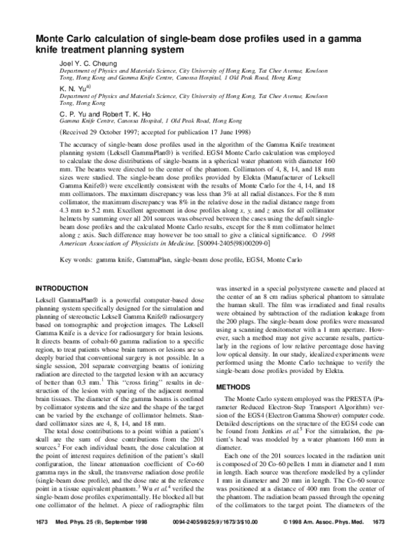 Pdf Monte Carlo Calculation Of Single Beam Dose Profiles Used In A Gamma Knife Treatment