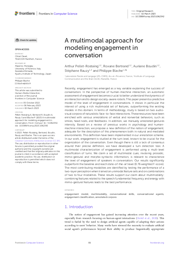 (PDF) A multimodal approach for modeling engagement in conversation
