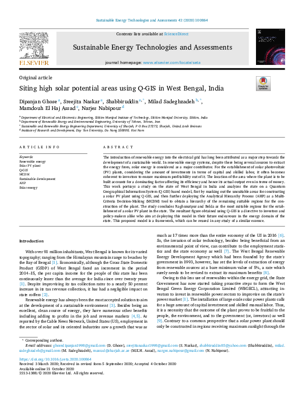 (PDF) Siting high solar potential areas using Q-GIS in West Bengal, India