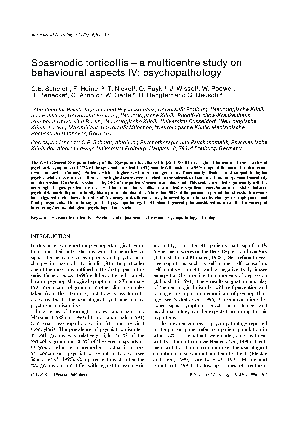 (PDF) Spasmodic Torticollis—A Multicentre Study on Behavioural Aspects ...
