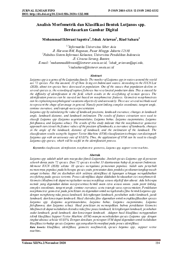 (PDF) Analisis Morfometrik dan Klasifikasi Bentuk Lutjanus spp. Berdasarkan Gambar Digital ...