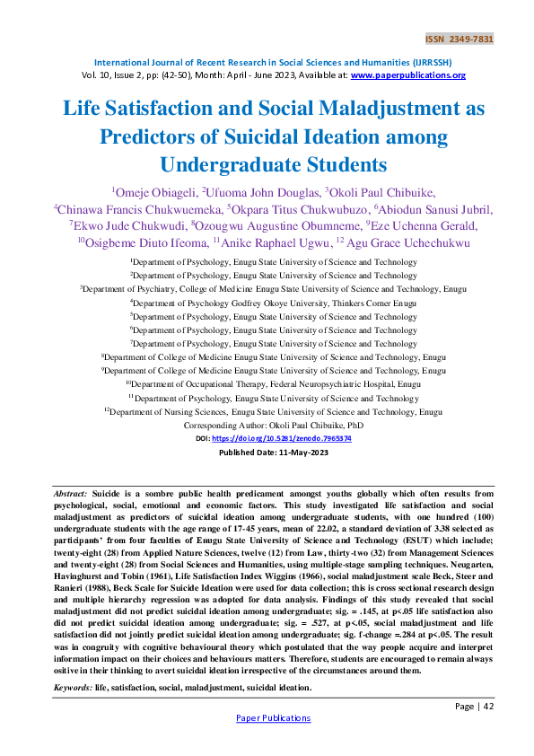 (PDF) Life Satisfaction and Social Maladjustment as Predictors of Suicidal Ideation among ...