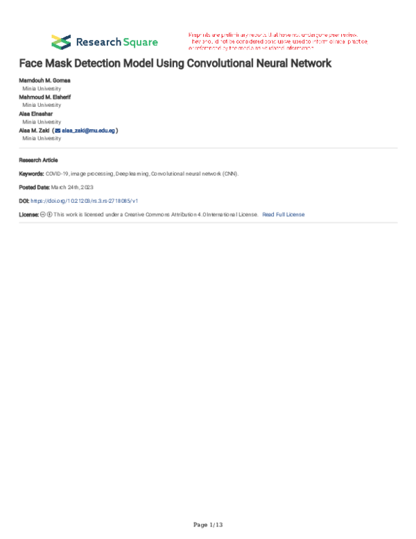 Pdf Face Mask Detection Model Using Convolutional Neural Network 0227