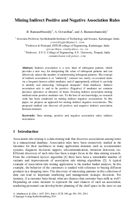 (PDF) Mining Indirect Positive and Negative Association Rules | Prof A Govardhan - Academia.edu