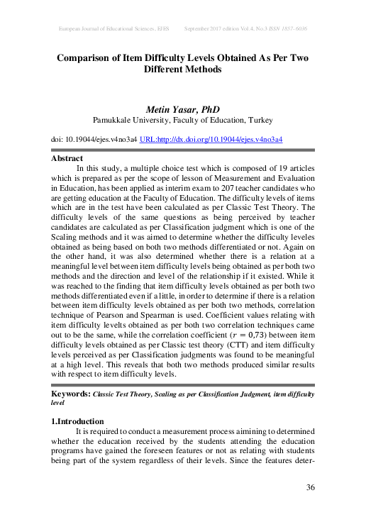 (PDF) Comparison of Item Difficulty Levels Obtained As Per Two ...