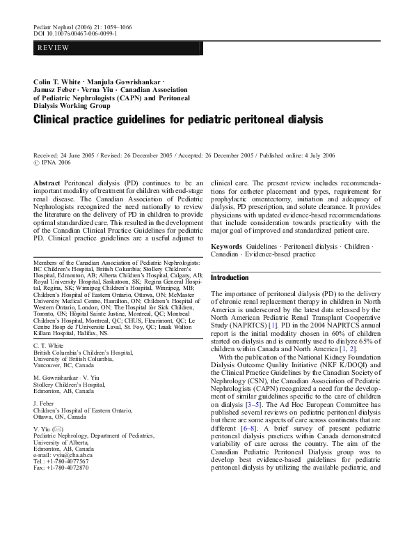 (PDF) Clinical practice guidelines for pediatric peritoneal dialysis