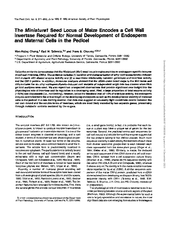 (PDF) The Miniature1 Seed Locus of Maize Encodes a Cell Wall Invertase ...
