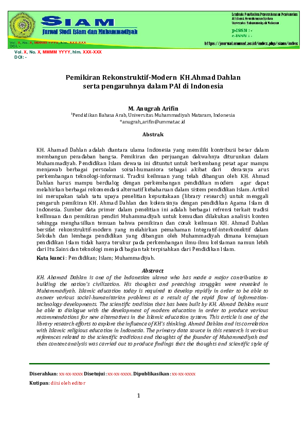 (DOC) Pemikiran Rekonstruktif-Modern KH.Ahmad Dahlan serta pengaruhnya dalam PAI di Indonesia