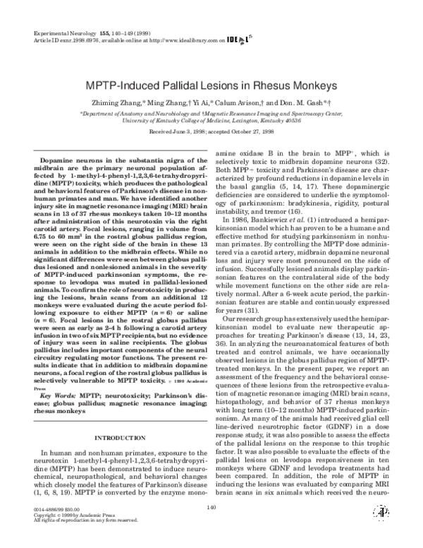 (PDF) MPTP-Induced Pallidal Lesions in Rhesus Monkeys