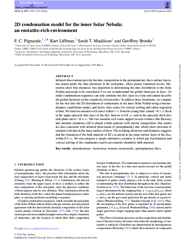 (PDF) 2D condensation model for the inner Solar Nebula: an enstatite ...