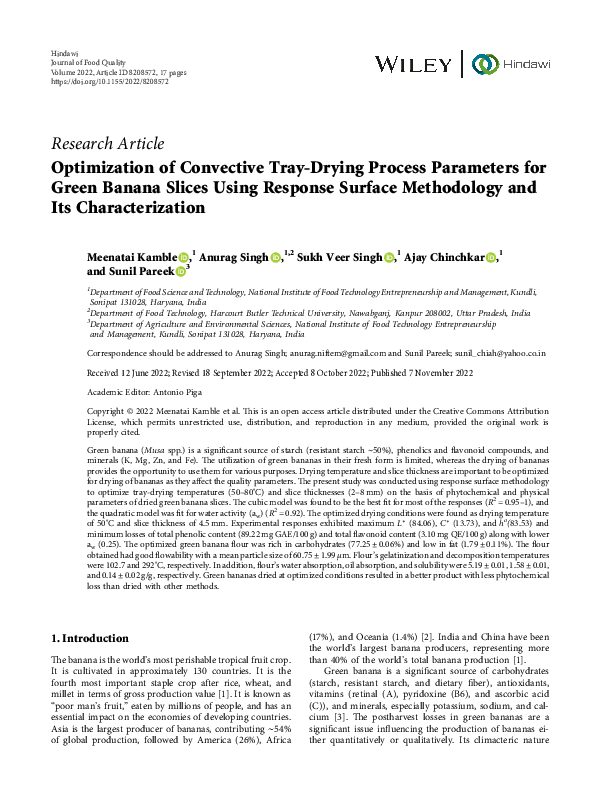 (PDF) Optimization of Convective Tray-Drying Process Parameters for Green Banana Slices Using ...