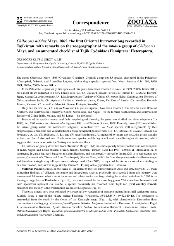 (PDF) Chilocoris nitidus Mayr, 1865, the first Oriental burrower bug ...