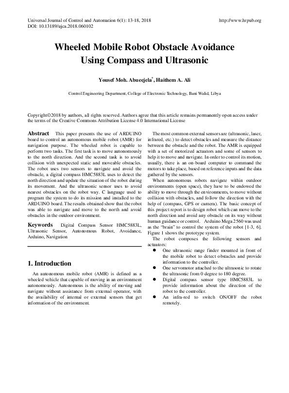 Pdf Wheeled Mobile Robot Obstacle Avoidance Using Compass And Ultrasonic Haithem Ali 