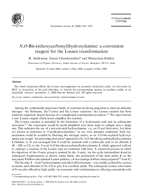 (PDF) N,O-Bis-(ethoxycarbonyl)hydroxylamine: a convenient reagent for ...