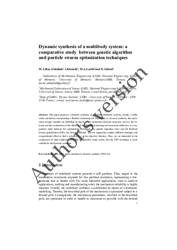 (PDF) Dynamic Synthesis of a Multibody System: A Comparative Study Between Genetic Algorithm and ...