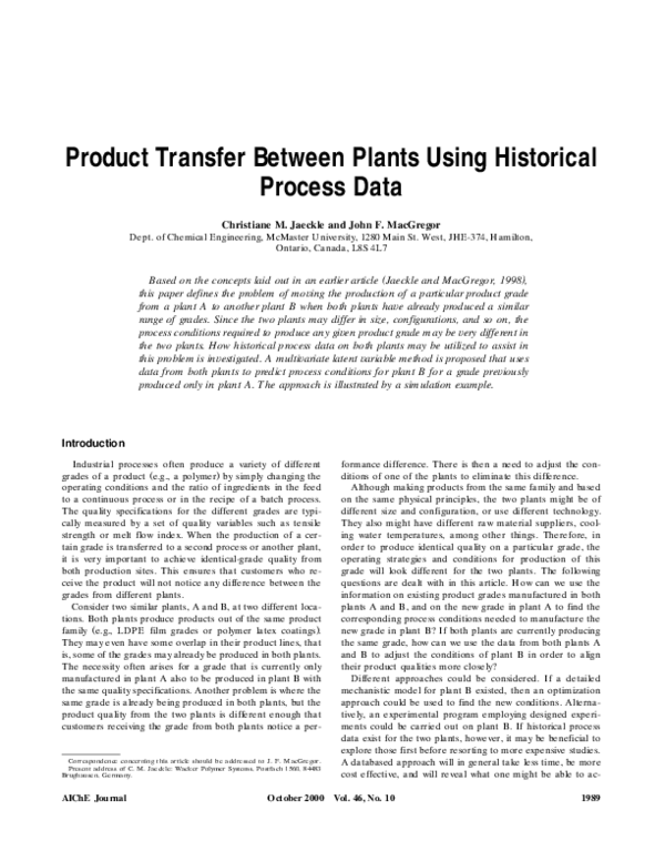 (PDF) Product transfer between plants using historical process data