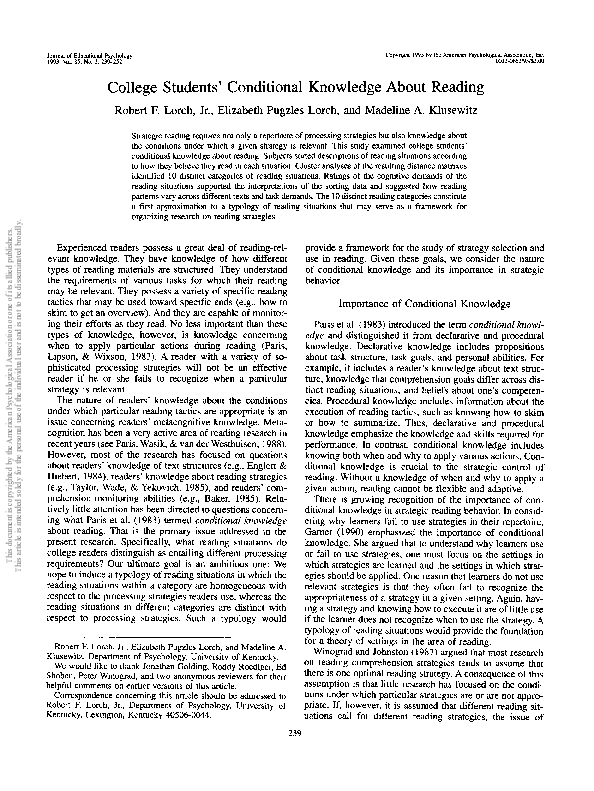 (PDF) College students' conditional knowledge about reading