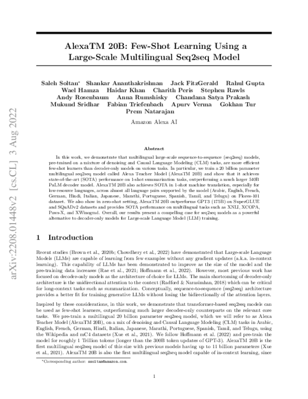 (PDF) AlexaTM 20B: Few-Shot Learning Using a Large-Scale Multilingual Seq2Seq Model
