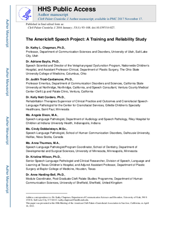 (PDF) The Americleft Speech Project: A Training and Reliability Study