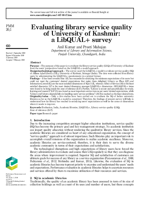 (PDF) Evaluating library service quality of University of Kashmir: a ...