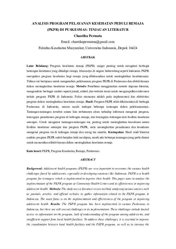 (PDF) ANALISIS PROGRAM PELAYANAN KESEHATAN PEDULI REMAJA (PKPR) DI PUSKESMAS: TINJAUAN LITERATUR