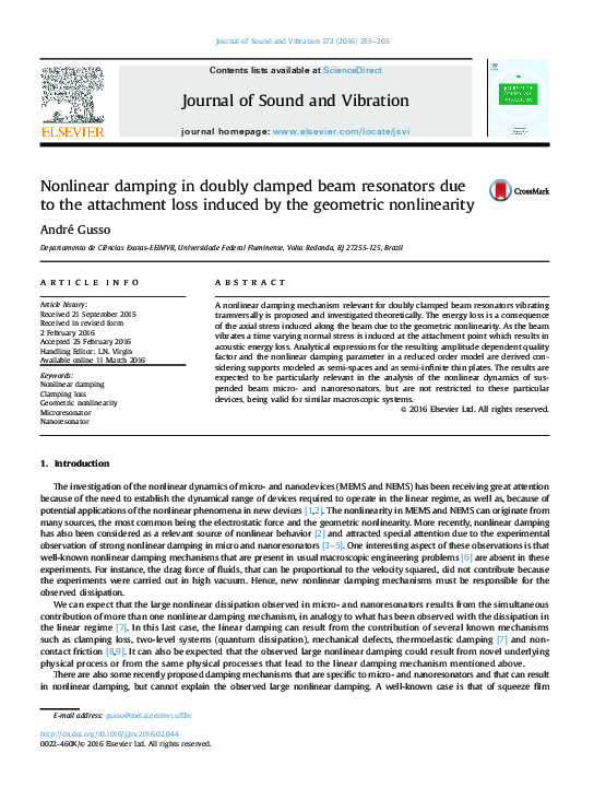 (PDF) Nonlinear damping in doubly clamped beam resonators due to the ...