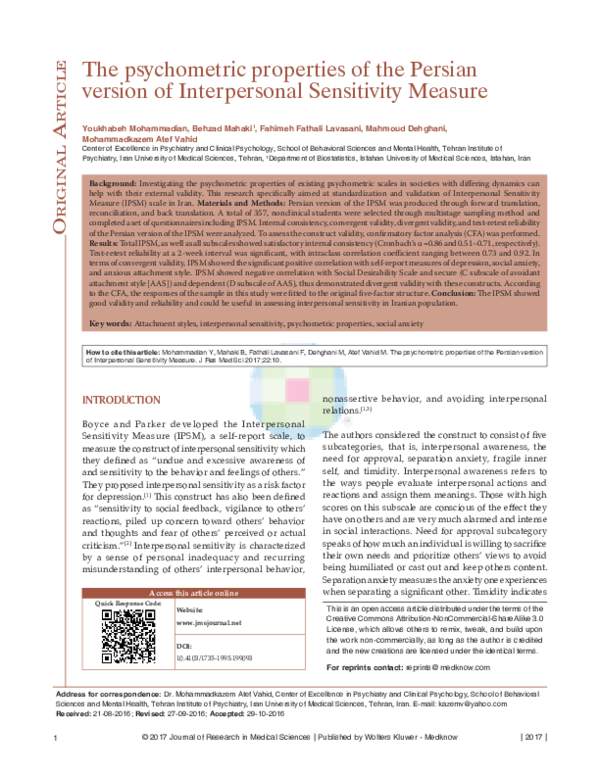 (PDF) The psychometric properties of Persian version of Interpersonal Sensitivity Measure (IPSM)