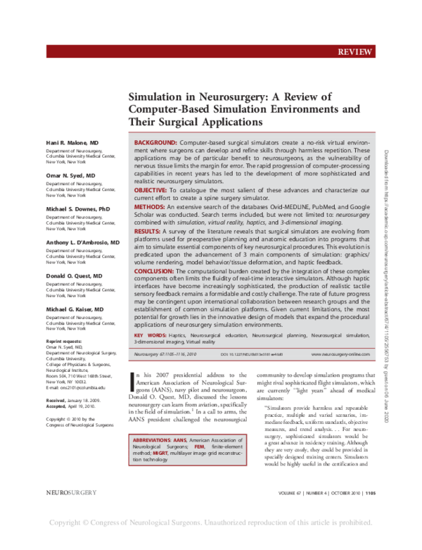 (PDF) Simulation in Neurosurgery: A Review of Computer-Based Simulation Environments and Their ...