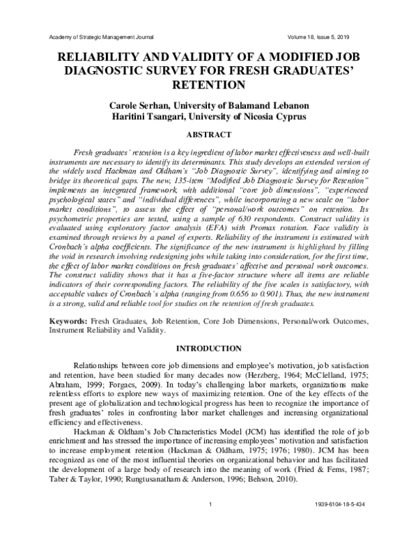 (PDF) Reliability and Validity of A Modified Job Diagnostic Survey for ...