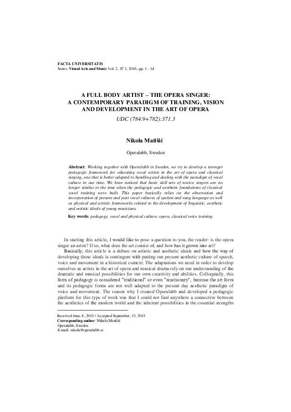 (PDF) A Full Body Artist – the Opera Singer: A Contemporary Paradigm of ...