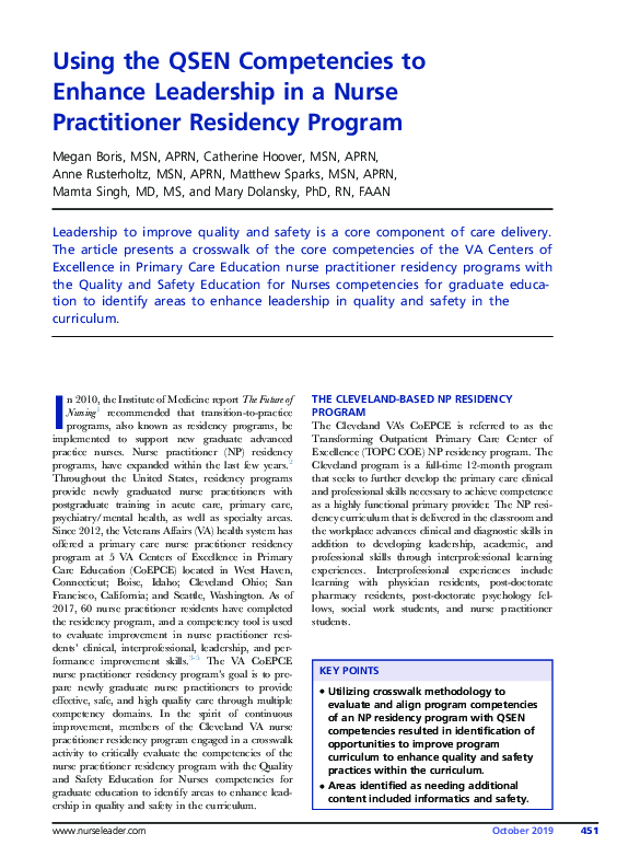 (PDF) Using the QSEN Competencies to Enhance Leadership in a Nurse ...