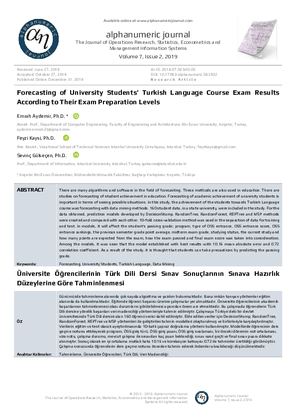 (PDF) Forecasting of University Students’ Turkish Language Course Exam ...