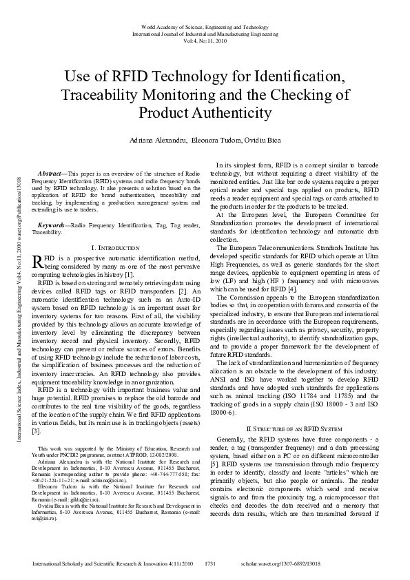 (PDF) Use Of Rfid Technology For Identification, Traceability Monitoring And The Checking Of ...