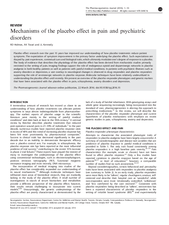 (PDF) Mechanisms of the placebo effect in pain and psychiatric disorders