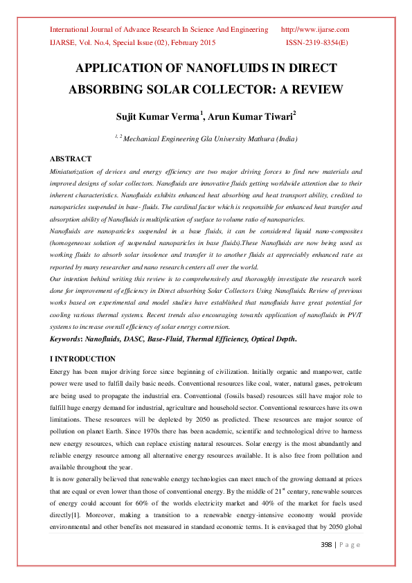 (PDF) Application of Nanofluids in Direct Absorbing Solar Collector: A ...