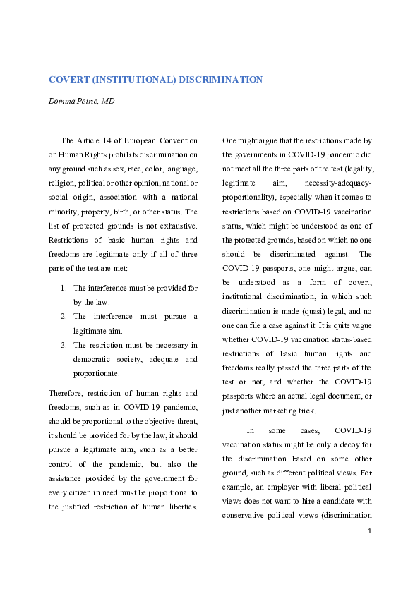 (PDF) COVERT (INSTITUTIONAL) DISCRIMINATION