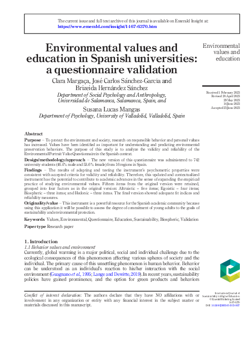 (PDF) Environmental values and education in Spanish universities: a ...