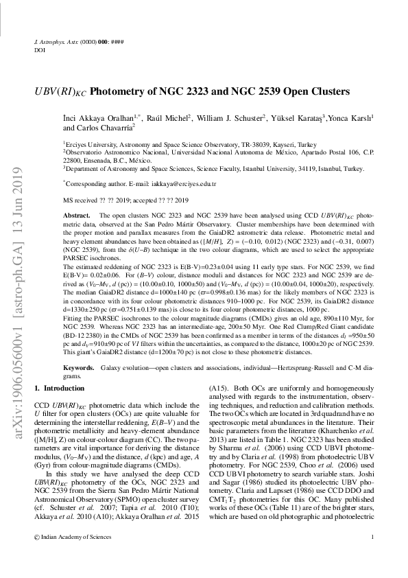 (PDF) UBVRI-KC Photometry of NGC~2323 and NGC~2539 Open Clusters