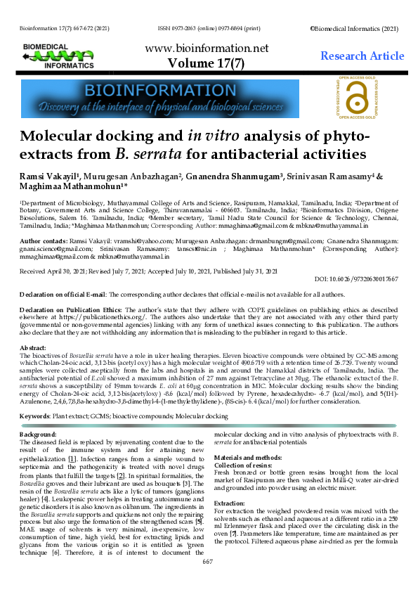 (PDF) Molecular docking and in vitro analysis of phytoextracts from B. serrata for antibacterial ...