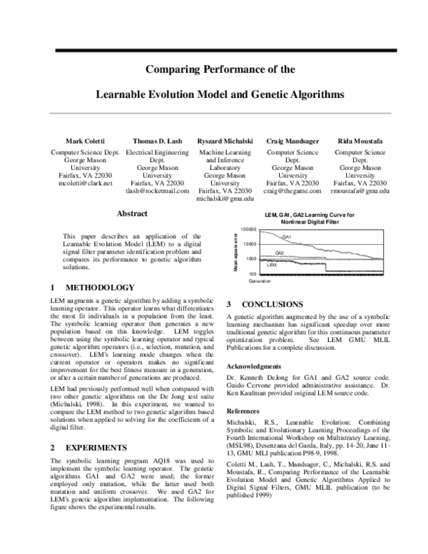 Pdf Comparing Performance Of The Learnable Evolution Model And Genetic Algorithms